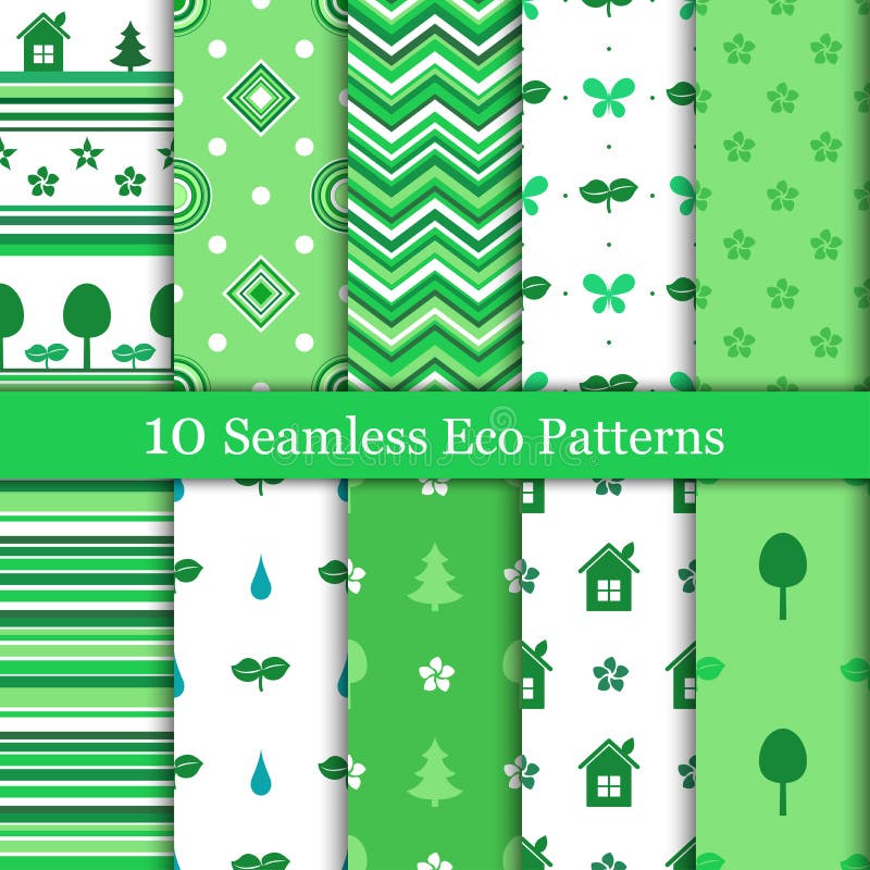 Ten Eco Seamless Patterns in Green and White Colours Stock Vector ...