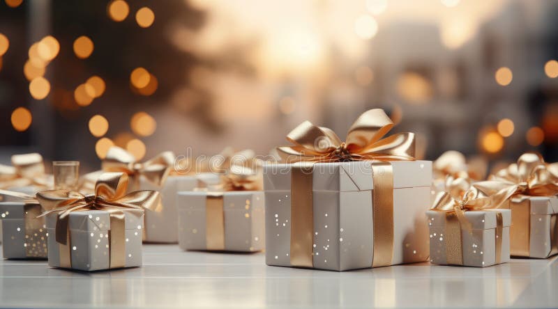 Ten Gift Boxes with Gold Ribbons on a Table Stock Photo - Image of ...