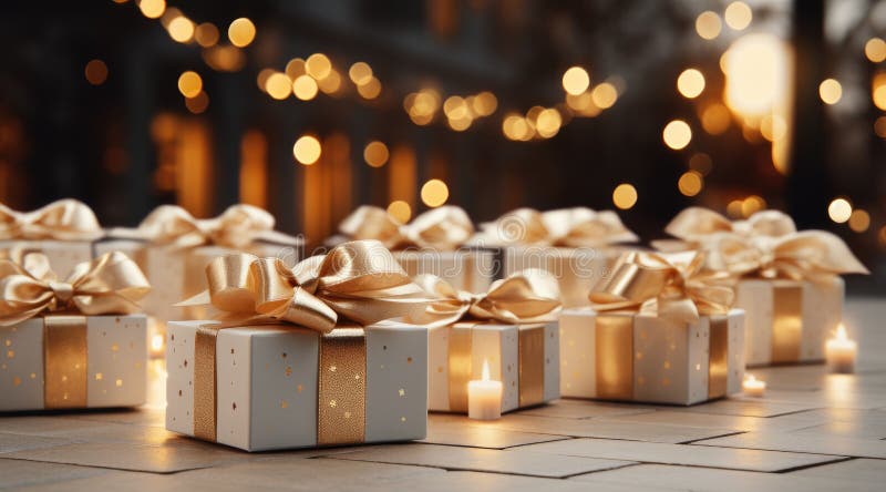 Ten Gift Boxes with Gold Ribbons on a Table Stock Photo - Image of ...