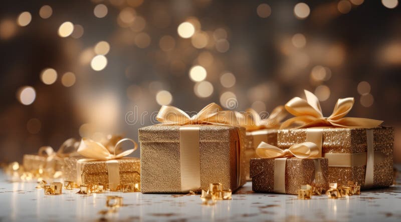 Ten Gift Boxes with Gold Ribbons on a Table Stock Image - Image of ...