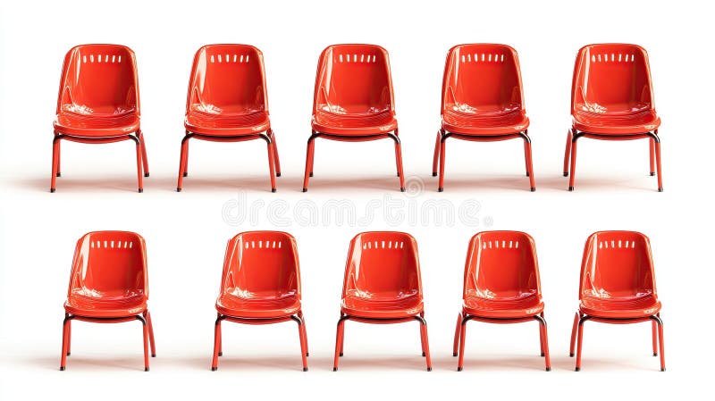 Ten Red Plastic Chairs in Two Rows on White Background Stock ...