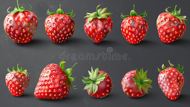 Ten Red Strawberries on a Gray Background, Illustrated in a Realistic ...