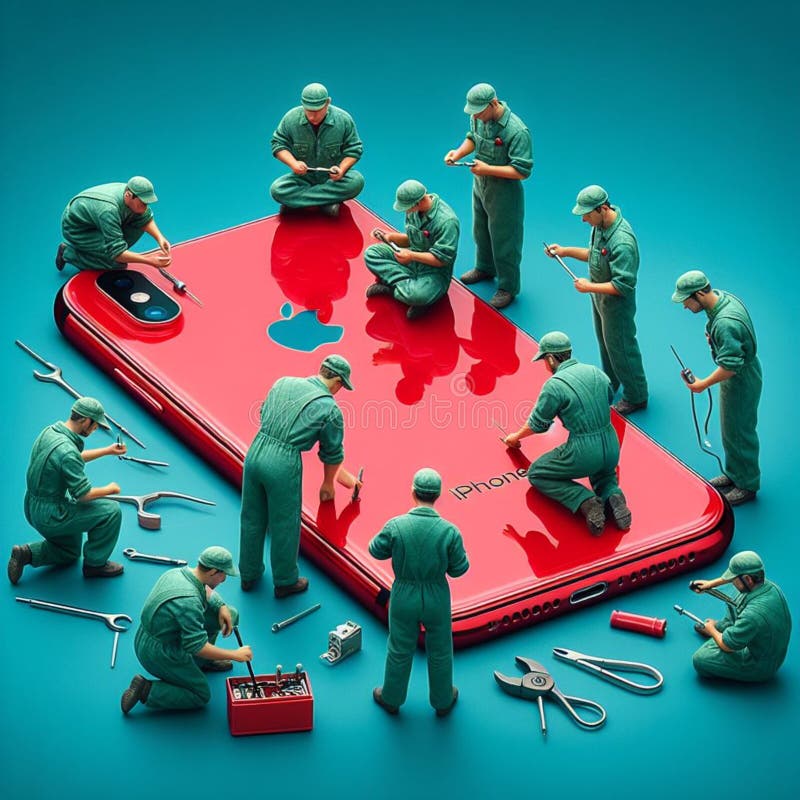 Ten Tiny Mechanics at Work on a Glossy Red IPhone Stock Illustration ...