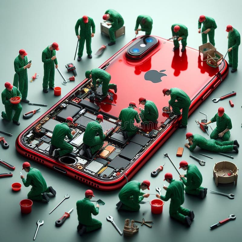 Ten Tiny Mechanics at Work on a Glossy Red IPhone Stock Illustration ...