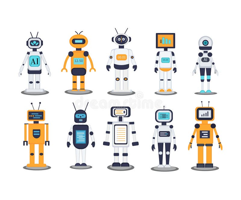 Ten Unique, Stylized Robots Stand Ready, Displaying Various Interfaces ...
