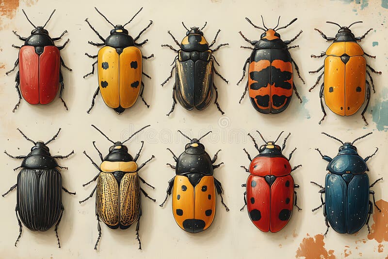 Ten Vibrant Beetles, Diverse Colors and Patterns, Arranged on a ...