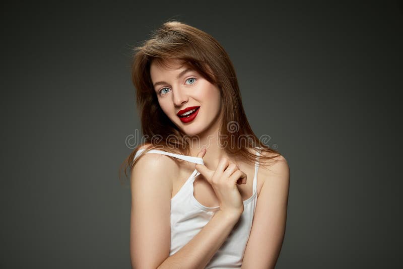 Tender Attractive Blue Eyes Young Girl With Spotless Skin Red Lips