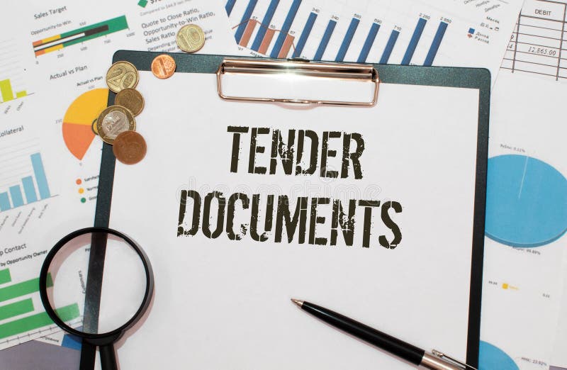 TENDER DOCUMENTS. Text on an Open Notebook on an Envelope with Money ...