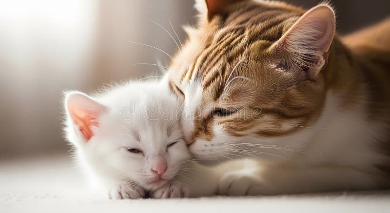 Affectionate Orange Cat Nuzzling White Kitten, Tender Moment Captured ...