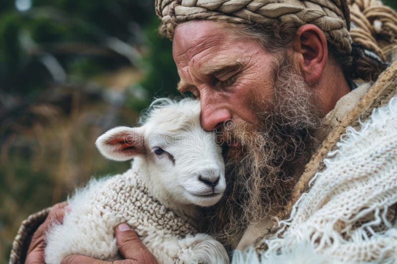 Tender Moment between Shepherd and Lamb Stock Image - Image of human ...