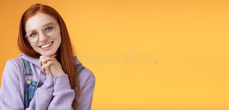 Tender Romantic Lovely Redhead Girlfriend Leaning Palms Tilting Head