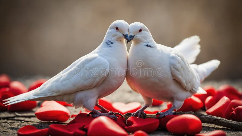 Two White Doves Touching Beaks Amidst Scattered Red Heart Shapes on a ...