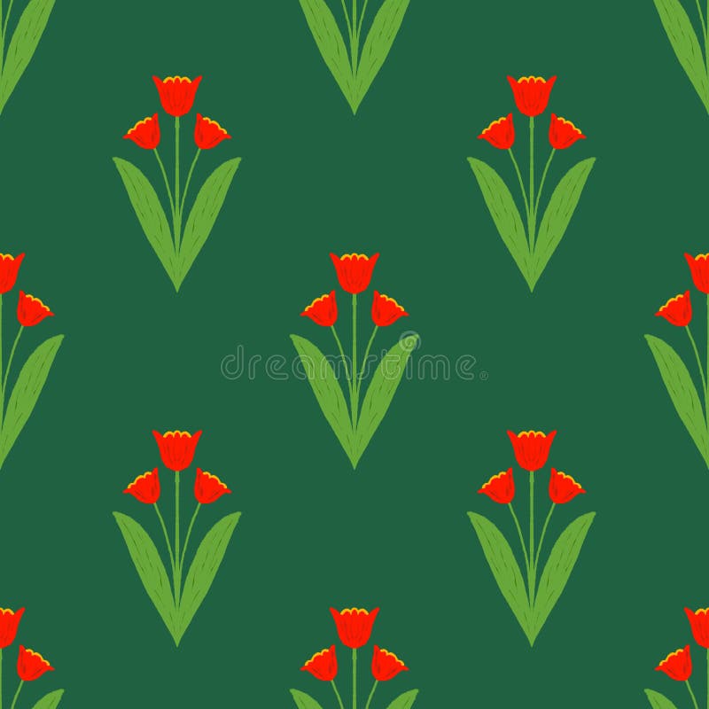 Tender Seamless Pattern with Tulips on Green Background. Elegant ...