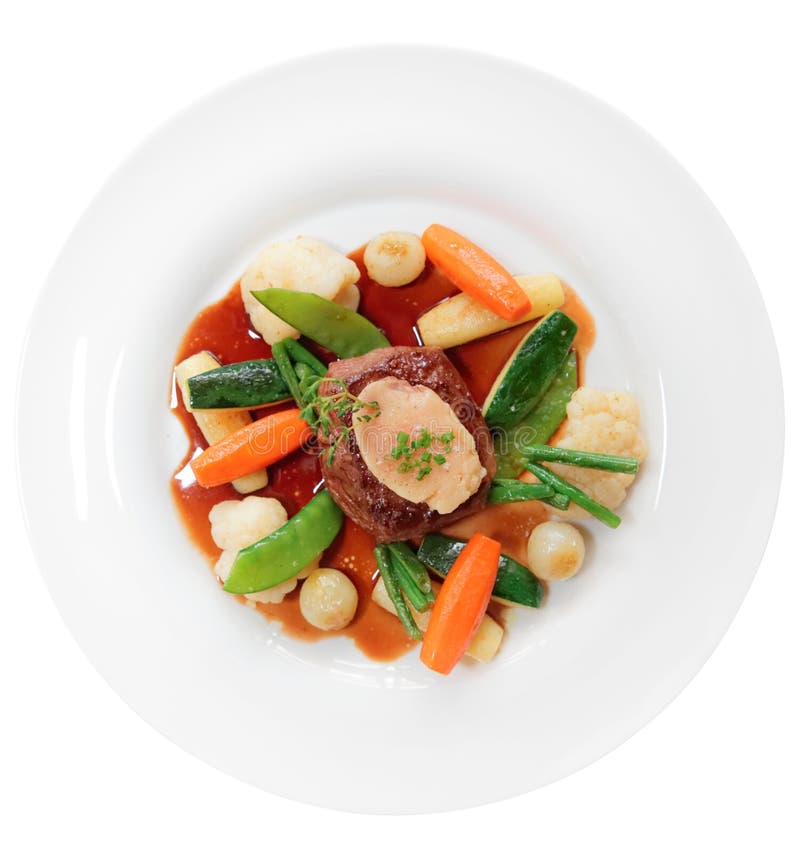 Tenderloin Steak with Vegetables and Bone Marrow Isolated on White ...