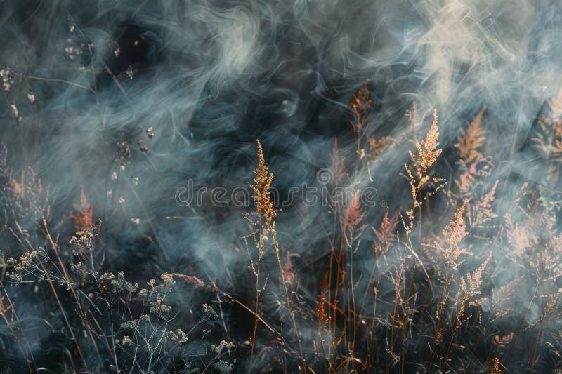 Tendrils of Smoke Rise from a Field of Tall Grass, Creating a Hazy ...
