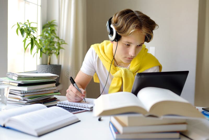 Teenager Boy Study at Home Using Gadgets. Online Education and Distance ...