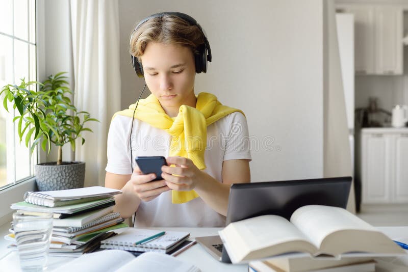 Tennager Boy Study at Home. Online Education and Distance Learning for ...