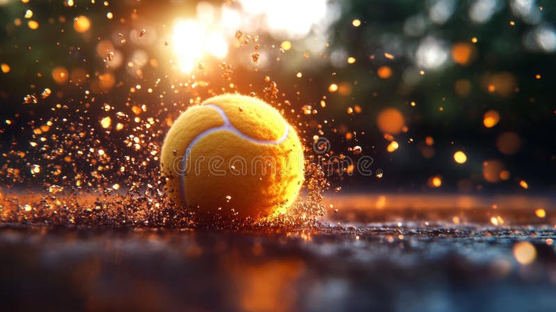 Tennis Ball with Glowing Particles Bouncing on the Ground with ...