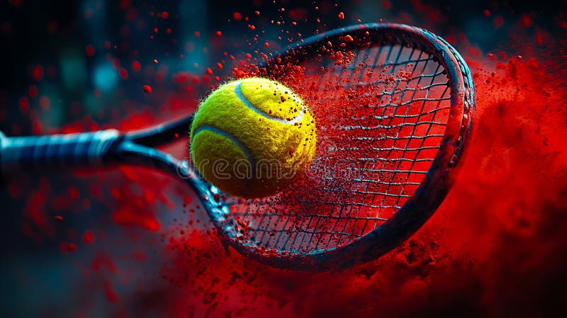 A Tennis Ball Hitting a Tennis Racket with Red Powder Stock Photo ...