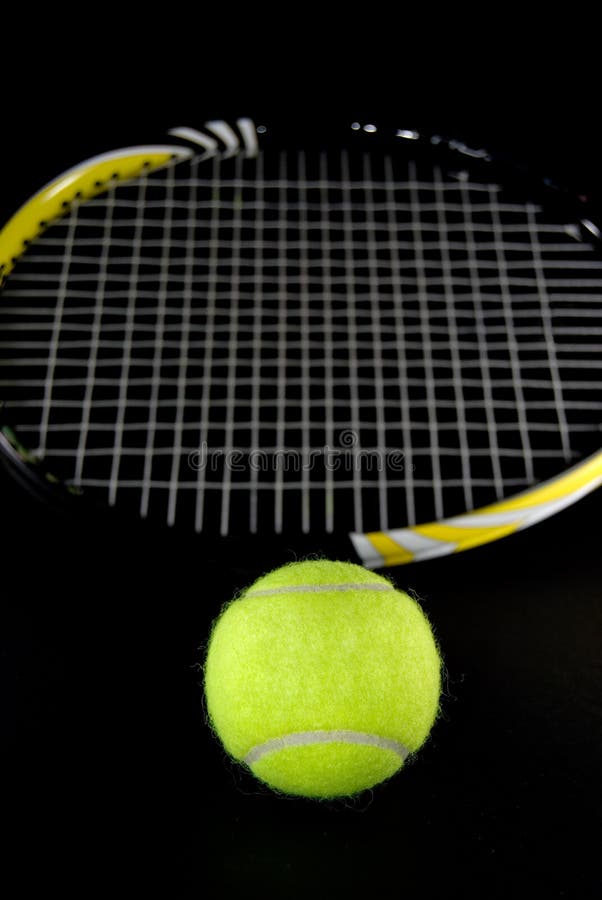 Tennis Ball and Tennis Racket on Black Background Stock Image - Image ...