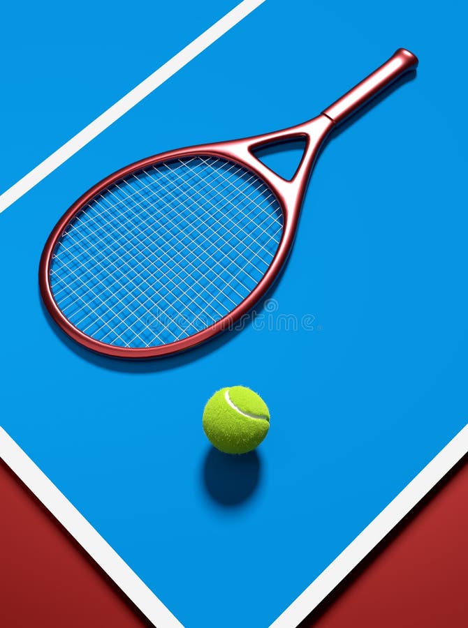 Tennis Ball and Racket on Blue Tennis Court with Lines. Abstract 3D ...
