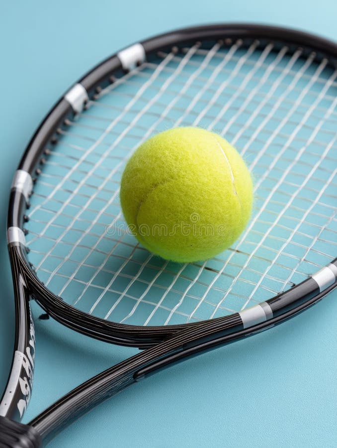 Tennis Ball on Racket, Resting on a Blue Background. Stock Image ...