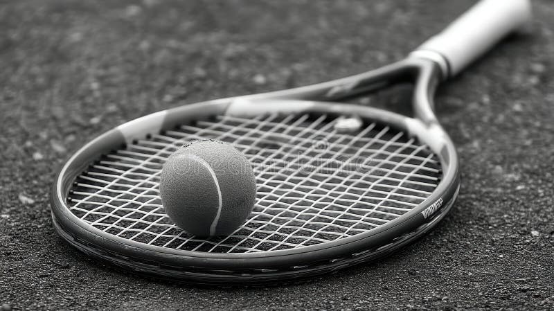 Tennis Ball Resting on Racket Against Textured Ground in Black and ...