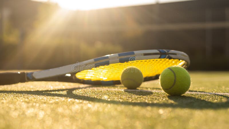Tennis Balls and Racket on the Green Grass Background Stock Image ...
