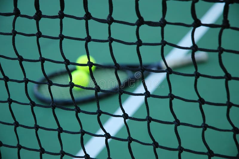 Tennis Racket and Balls on Court Stock Photo - Image of racquet ...