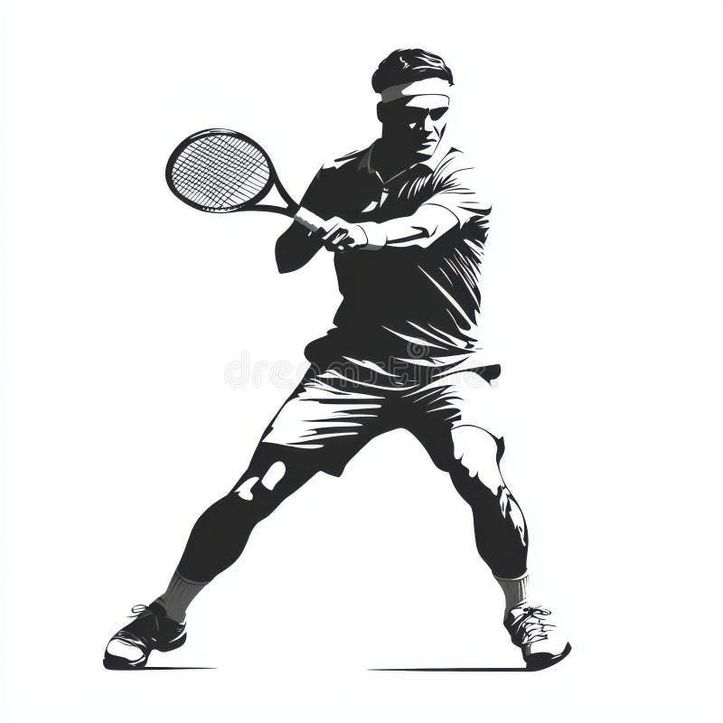 Tennis Player Action Shot Black and White Illustration Powerful Serve ...