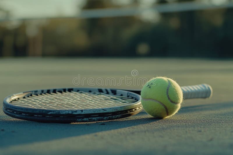A Tennis Racket and Ball on a Tennis Court, Ready for Play Stock Image ...