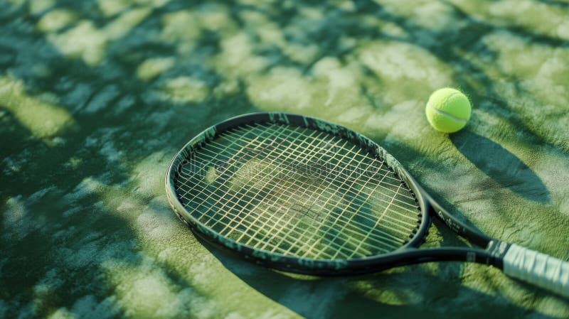 Tennis Racket and Ball on Green Court Under Sunlight Stock Illustration ...