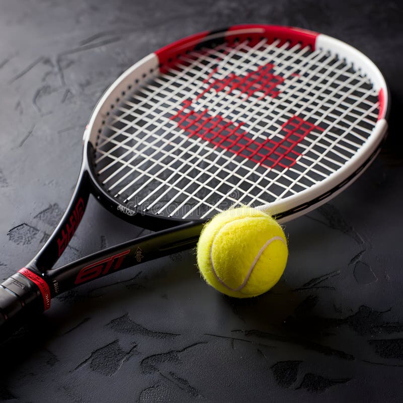 Tennis Racket with Red Grid Pattern and Yellow Ball on Textured Surface ...