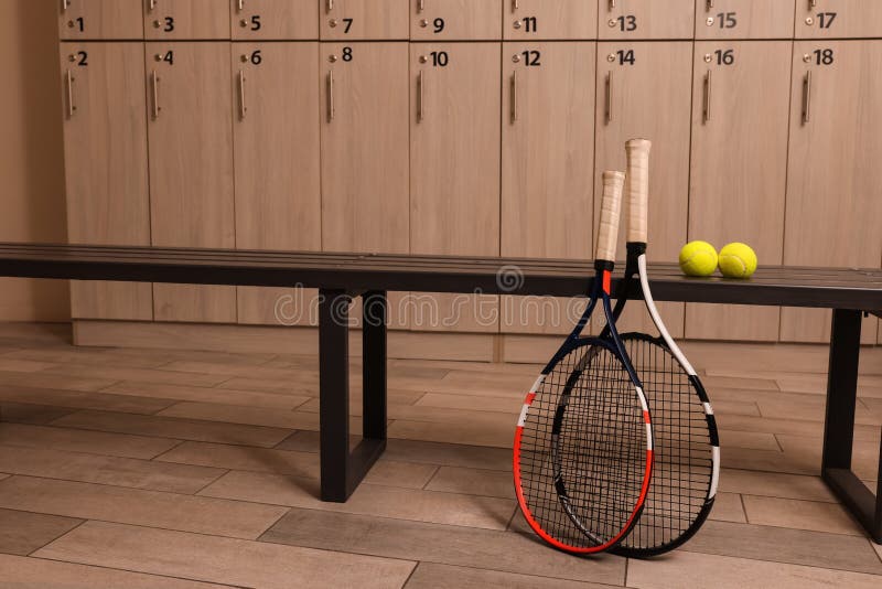 Tennis Racket and Balls in Locker Room Stock Photo - Image of ...