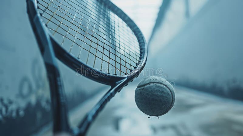 Tennis Racket Hitting a Ball in Motion Indoors. Stock Image - Image of ...