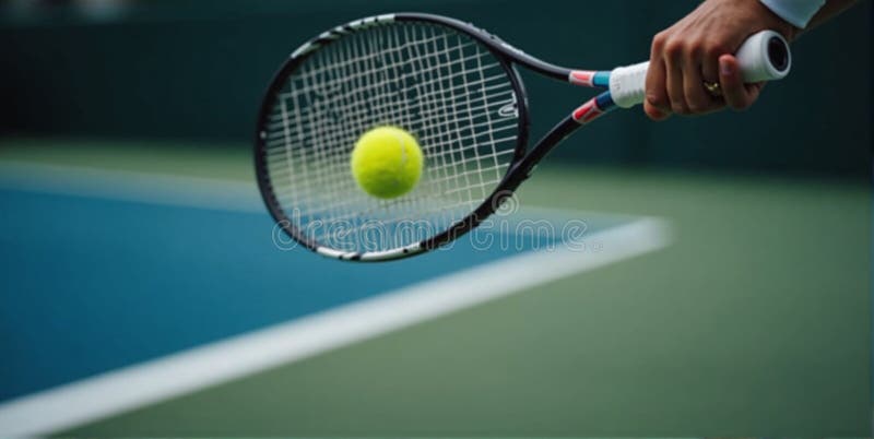 A Tennis Racket Swings Mid-action, with the Ball in Sharp Focus ...