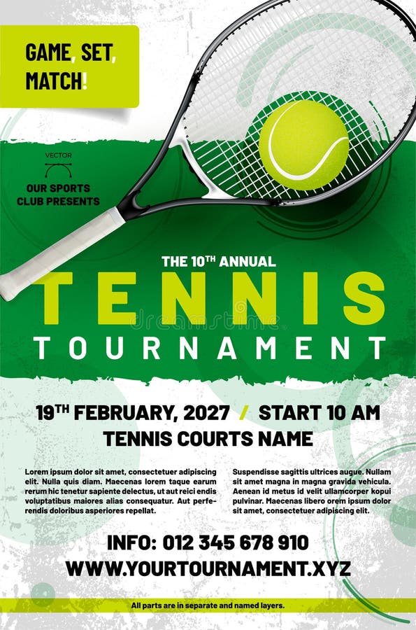 Tennis Tournament Poster Template with Ball, Racket and Sample Text ...