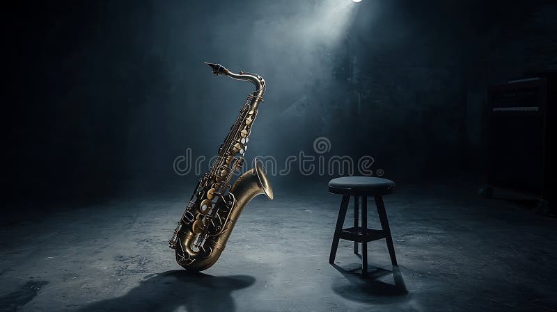 Tenor Saxophone on Stage with Stool, Smoky Atmosphere, Spotlight Stock ...