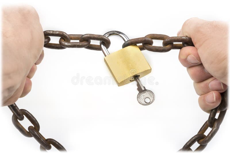 Tense Chain and Padlock with a Key on a White Stock Photo - Image of ...
