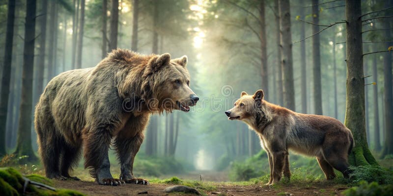 A Tense Encounter between a Bear and a Wolf in a Forest Clearing AI ...