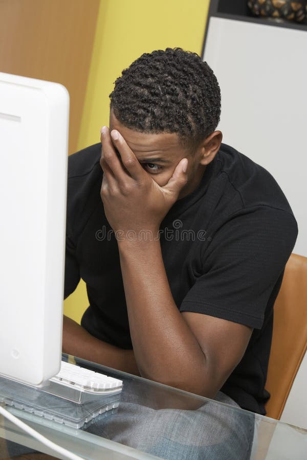 Tensed Man Looking at Desktop PC Stock Image - Image of communication ...