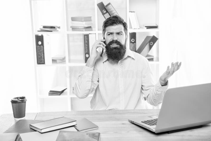 Tensed Man Talking on Mobile Phone Working in Office, Problem Stock ...