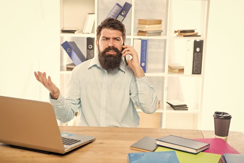 Tensed Man Talking on Mobile Phone Working in Office, Problem Stock ...