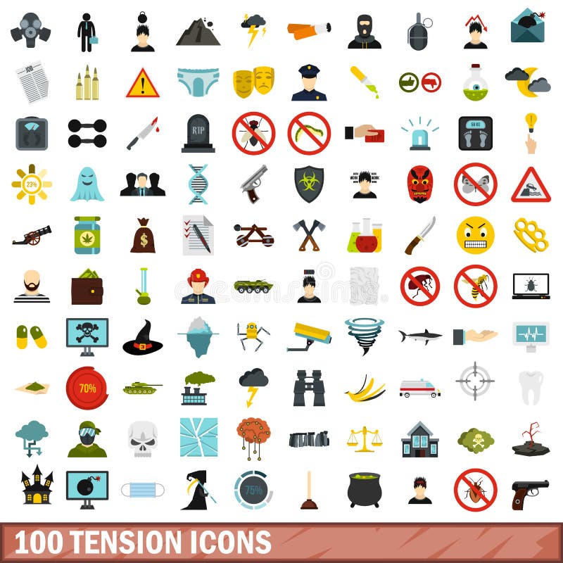 100 Tension Icons Set, Flat Style Stock Vector - Illustration of danger ...