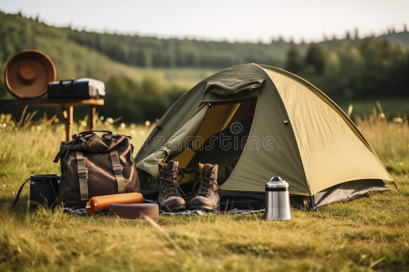 Tent and Backpack Set in Spacious Field Under Clear Blue Sky Stock ...
