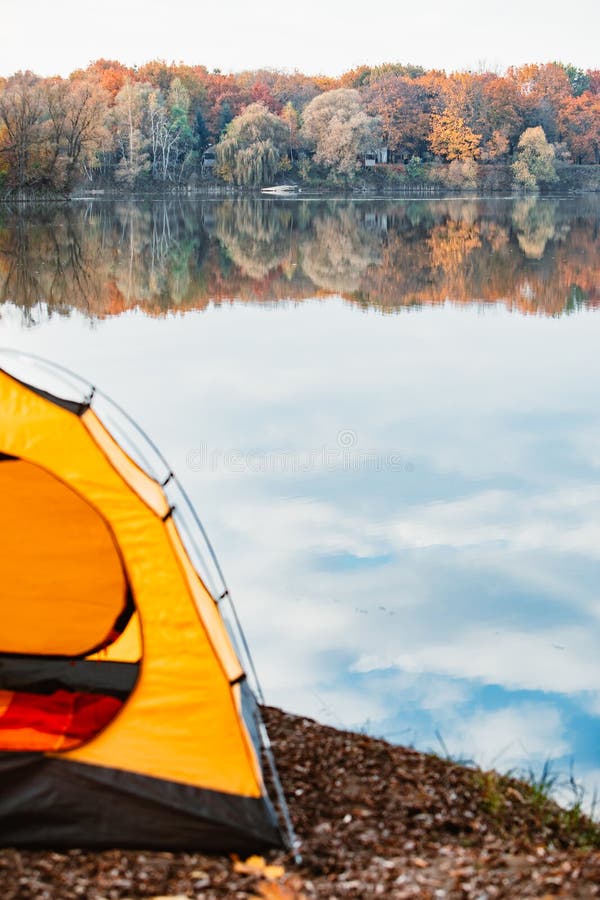 Tent at the Beach of the Lake Autumn Fall Season Stock Photo - Image of ...