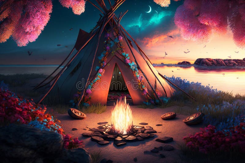 Tent with a Bonfire on the Beach. Generative AI Stock Illustration ...