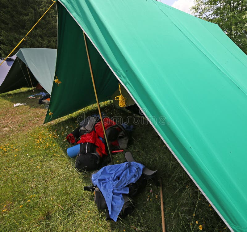 Tent of Boy Scout Camp with Backpacks and Sleeping Stock Image - Image ...
