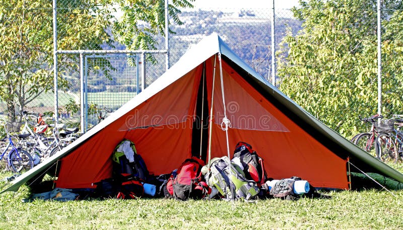 Tent of Boy Scout Camp and the Rucksack Put Out in the Open Air Stock ...