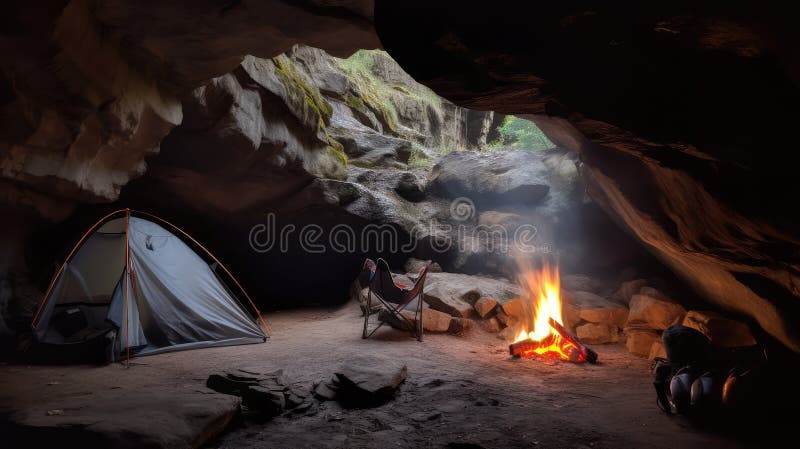 Tent Camp in Cave with Campfire. Generative AI Stock Illustration ...
